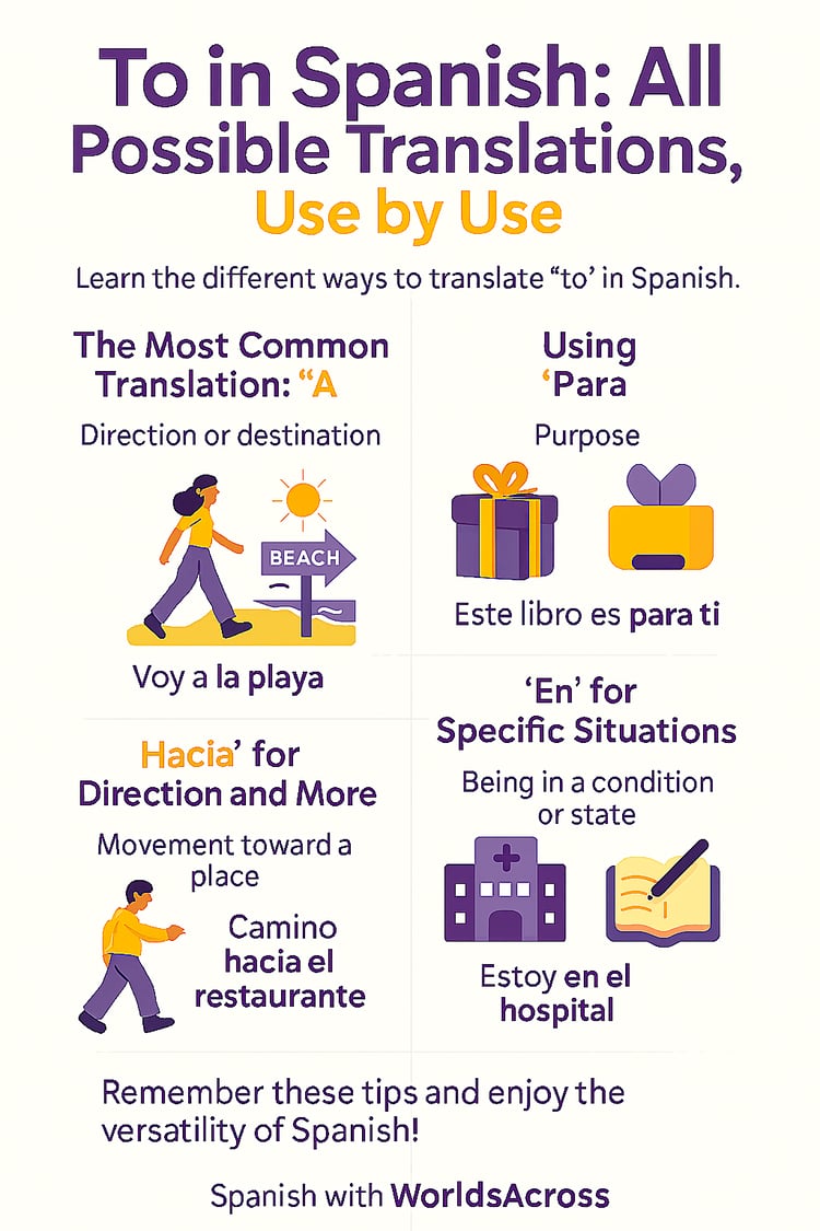 To in Spanish: All the possible translations, use by use